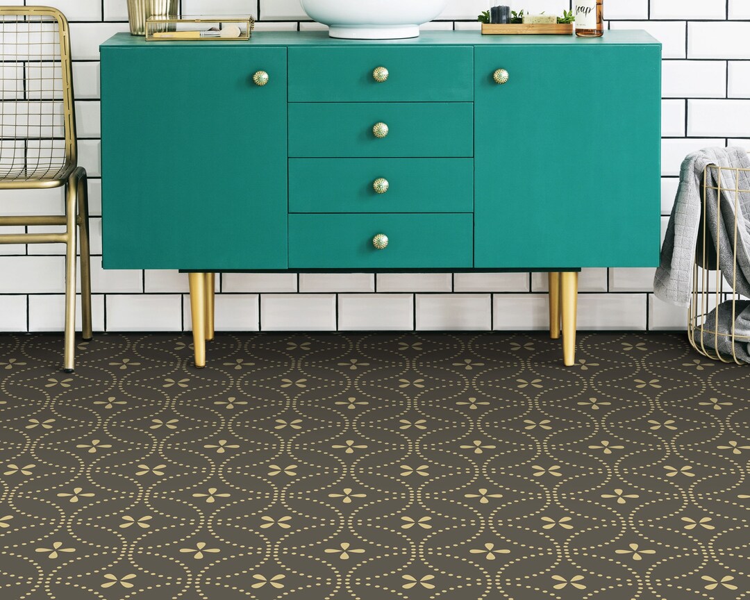 Victorian Rings Outline Vinyl Flooring, Brown Retro Floor Art, Yellow ...