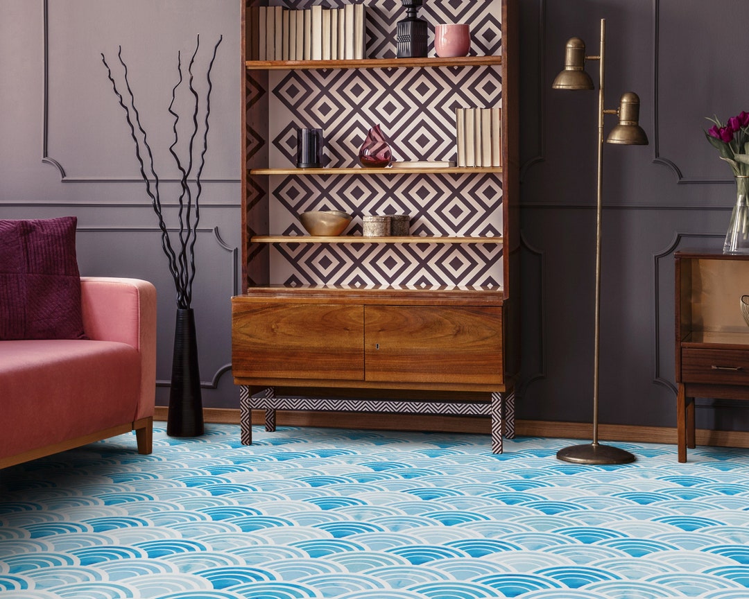 Rainbow Shaped Pattern Japanese Waves Vinyl Flooring, Blue Modern ...