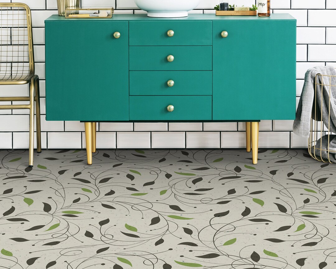 Winding Vegetative Leafy Motif Vinyl Flooring, Beige Abstract Decor ...