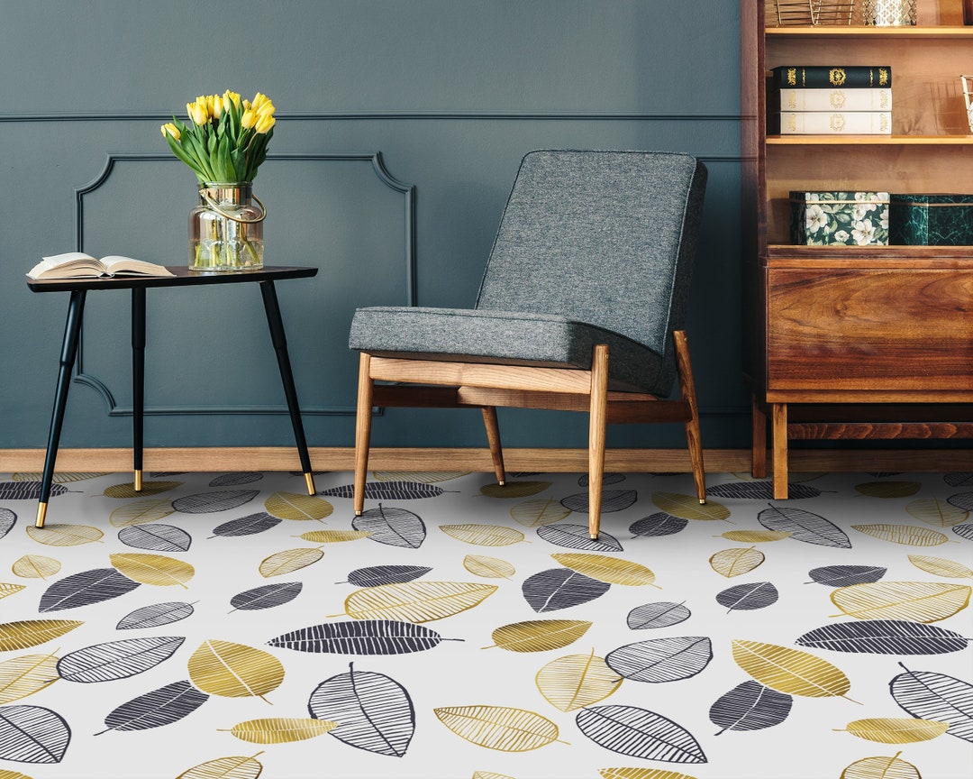 Luxury Leaves Print Vinyl Flooring, White Floor Protector, Blue Custom ...