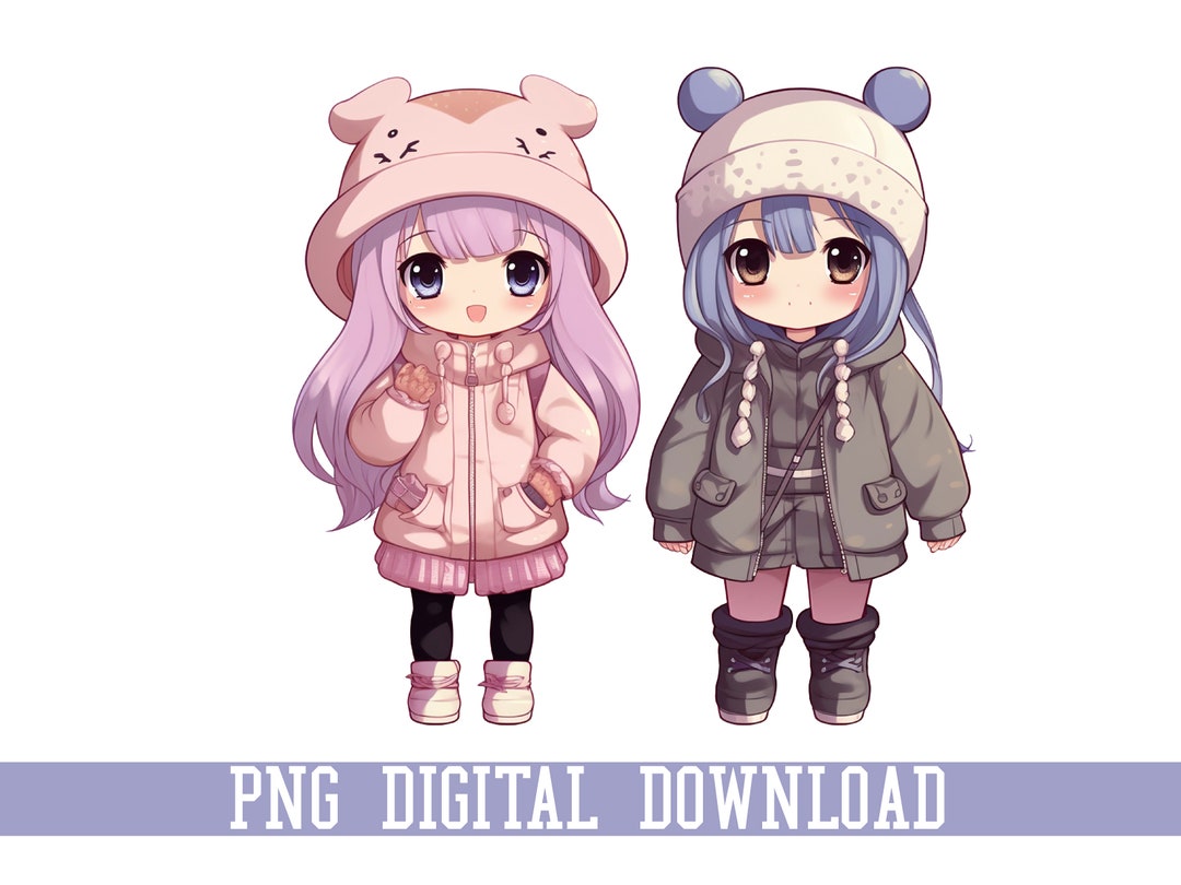 Cute Anime Girls in Winter Clothes With Coloured Hair Kawaii Digital ...