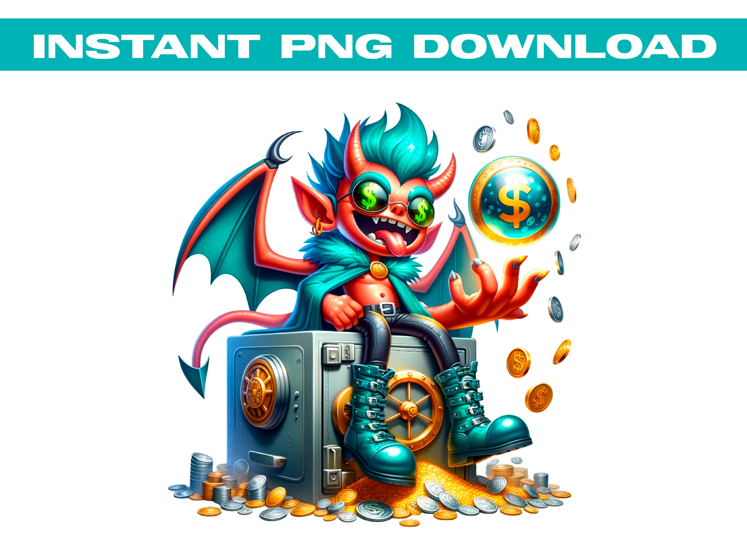 Colorful Dragon Banker With Safe and Money Coins PNG Instant Download ...
