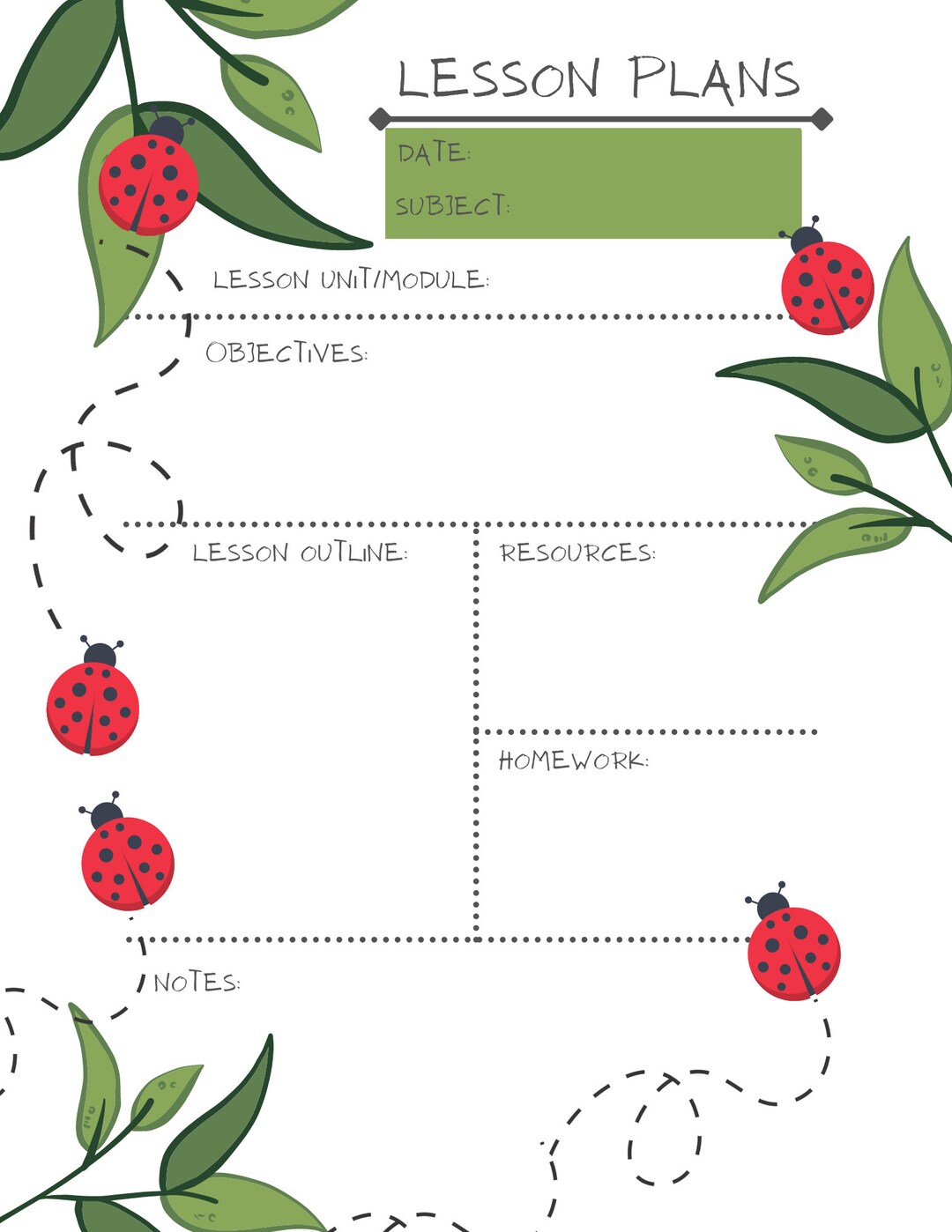Printable Teacher Lesson Plan, Ladybug Template, Lesson Plan by the ...