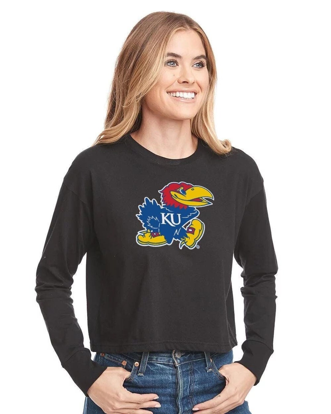 Jayhawk Long Sleeve Modest Crop | Licensed KU ® | Black or Grey T-shirt ...