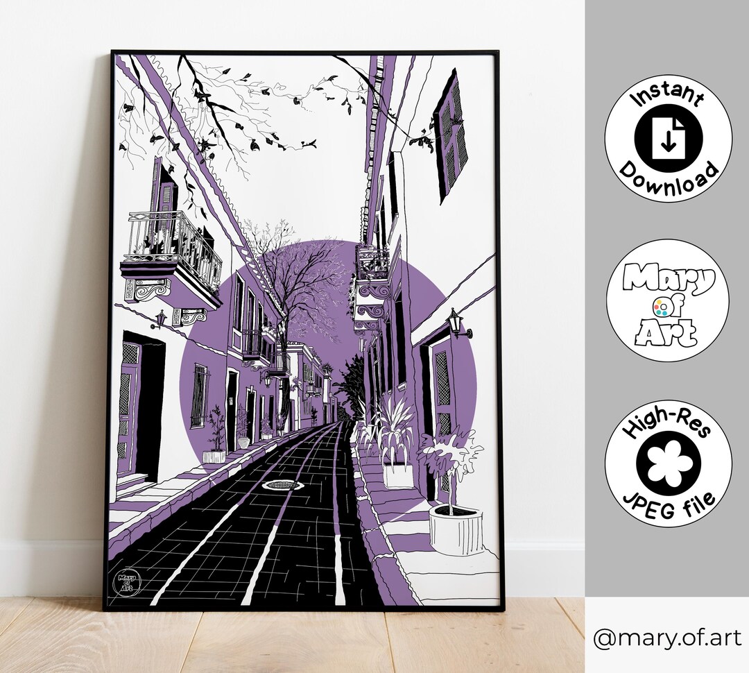 Athens Streetscape Art Print | Purple Accent, Architectural Sketch ...