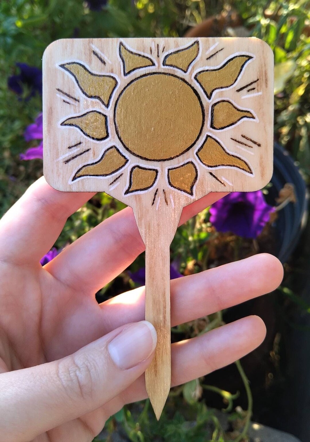 Small Wood Burned Golden Sun Plant Stake - Etsy