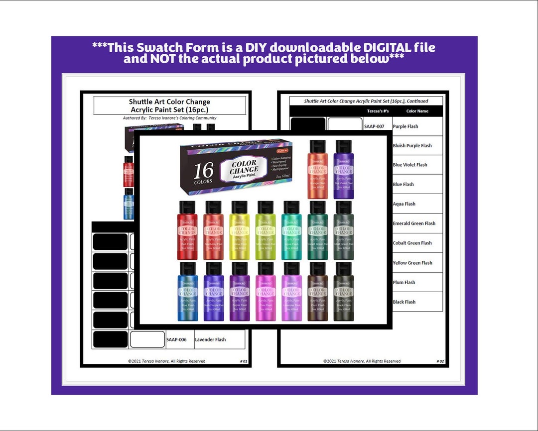 Swatch Form: Shuttle Art Acrylic Paint Set (016pc.) - Color Change ...