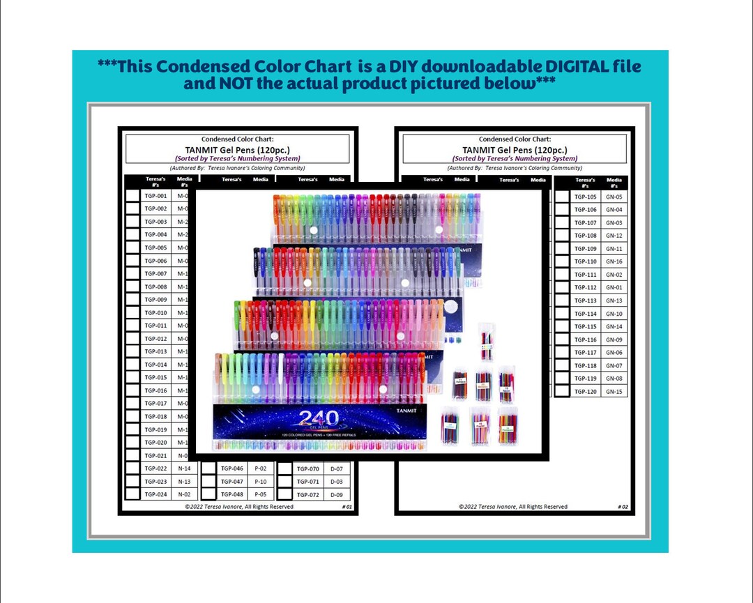 Condensed Chart: TANMIT Gel Pens (120pc.) (black & White Version) - Etsy
