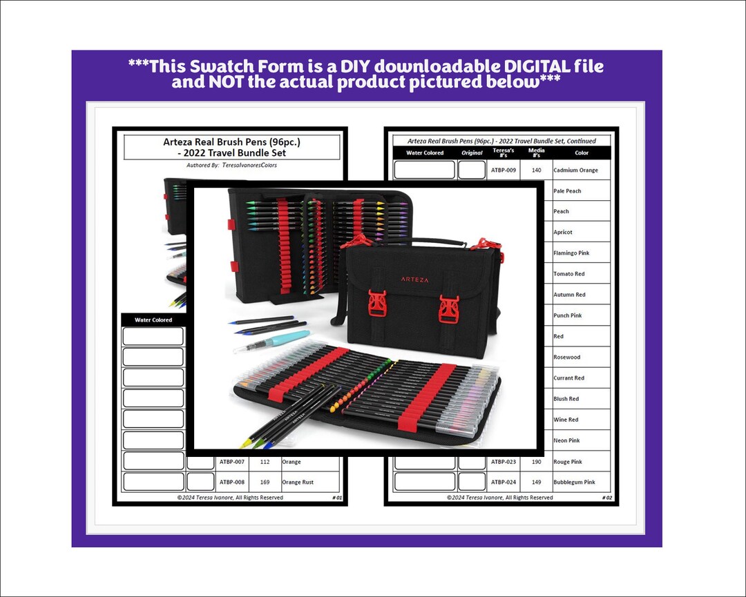 Swatch Form: Arteza Real Brush Pens (096pc.) - 2022 Travel Bundle Set ...