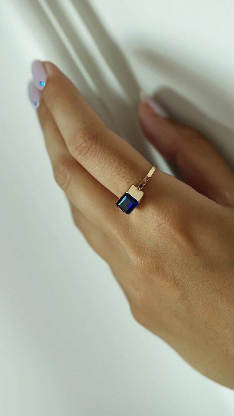 Rectangle Blue Sapphire Engagement Ring: 14k Gold Promise Ring - Etsy