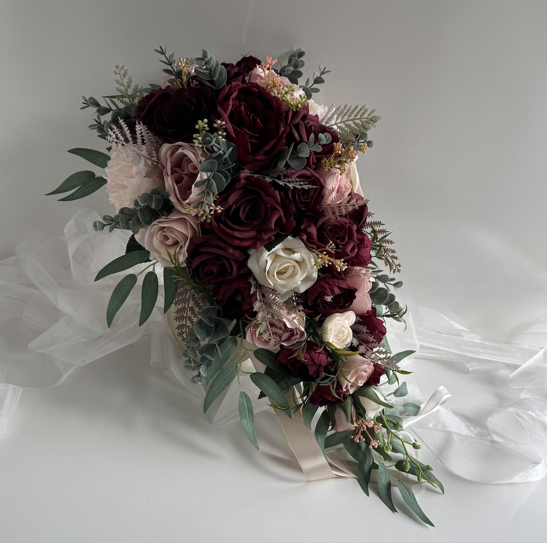 Burgundy Red Cascading Wedding Bouquet: Dusty Pink Ivory Roses ...