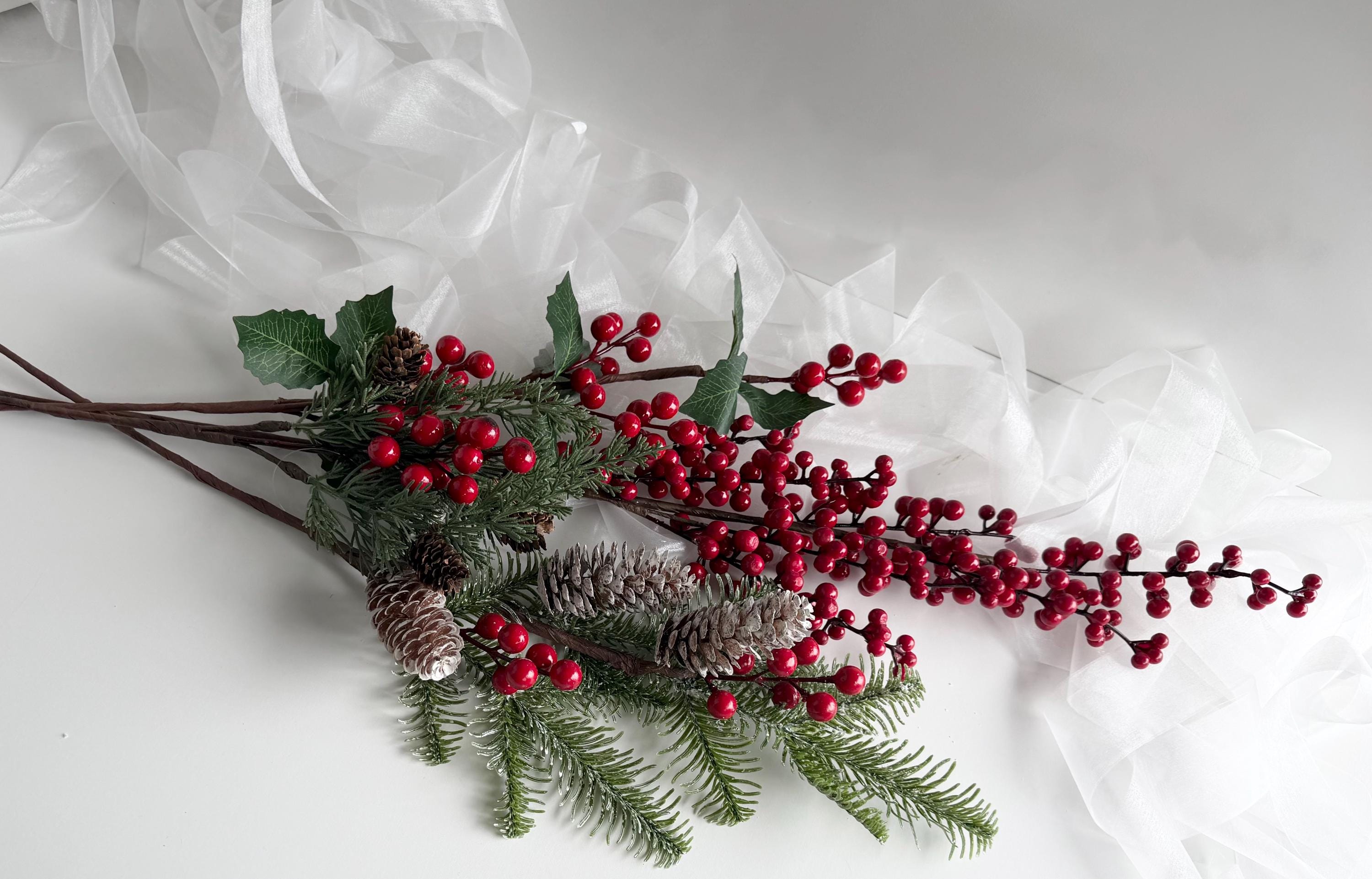 Christmas Berry Decoration Pine Cone Holly Berry Spray Red Artificial ...