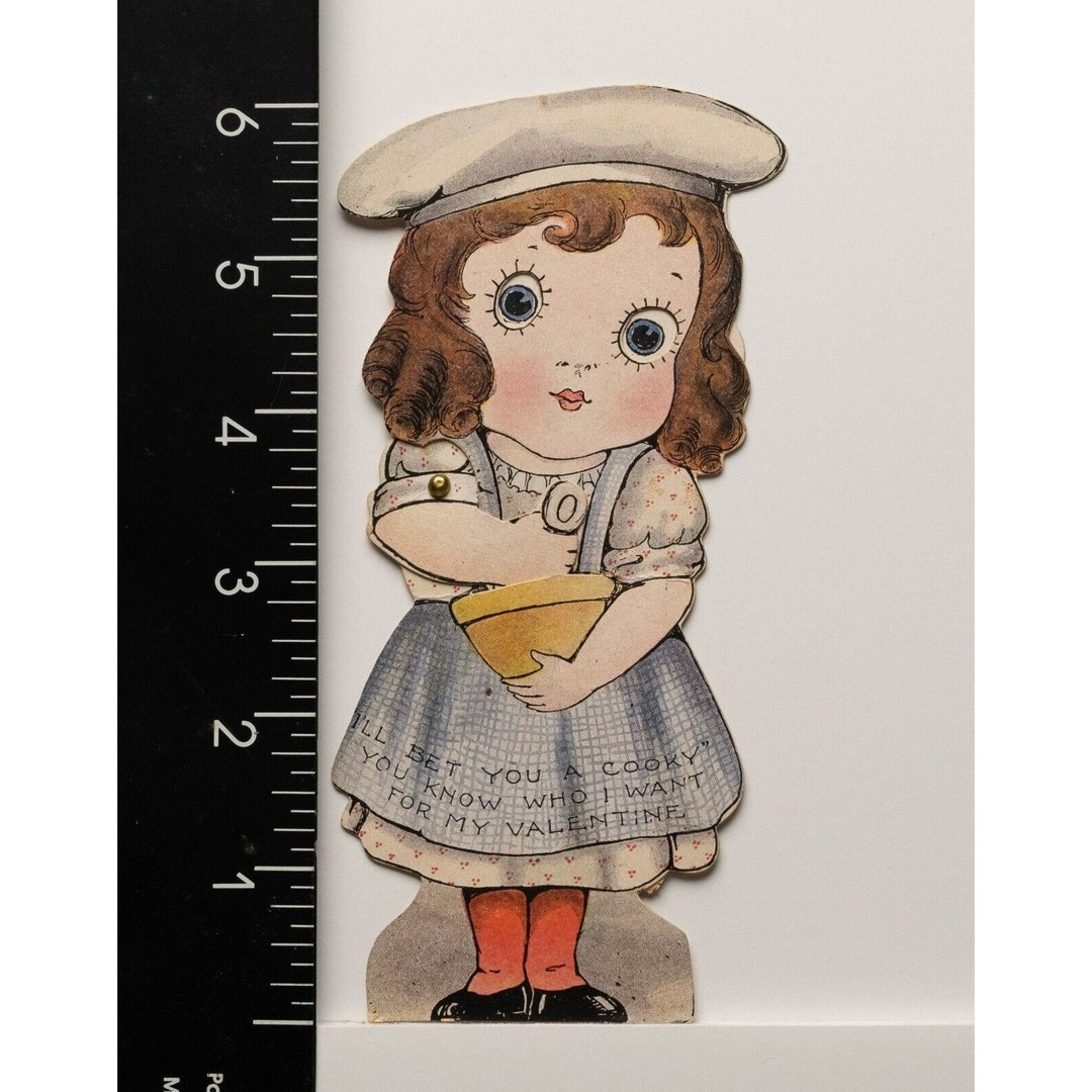 Vintage Valentine Mechanical Little Girl Mixing Bowl Spoon Apron Moving ...