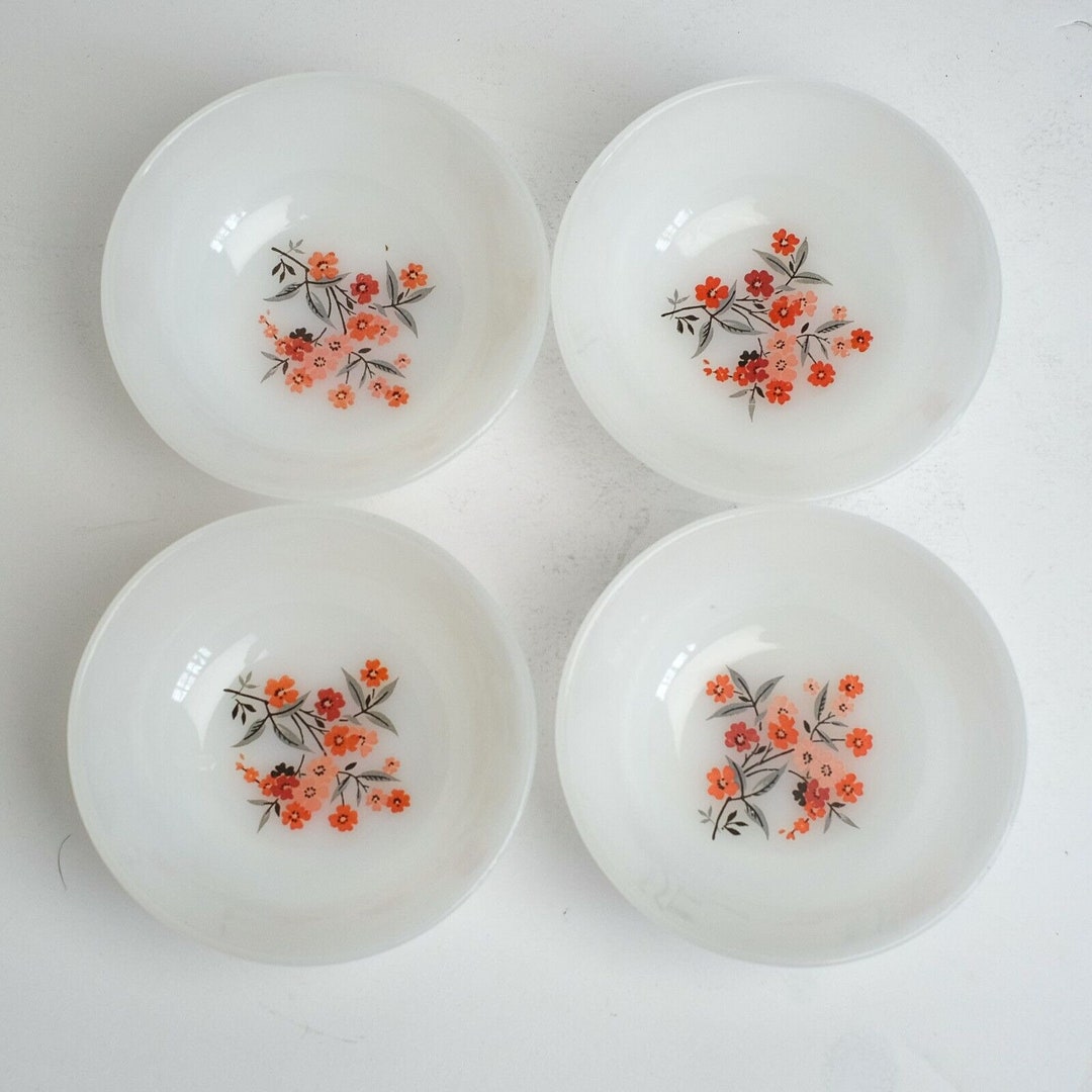 FIRE KING OVENWARE Primrose Pattern Dessert Bowls Pink Red Milk Glass ...