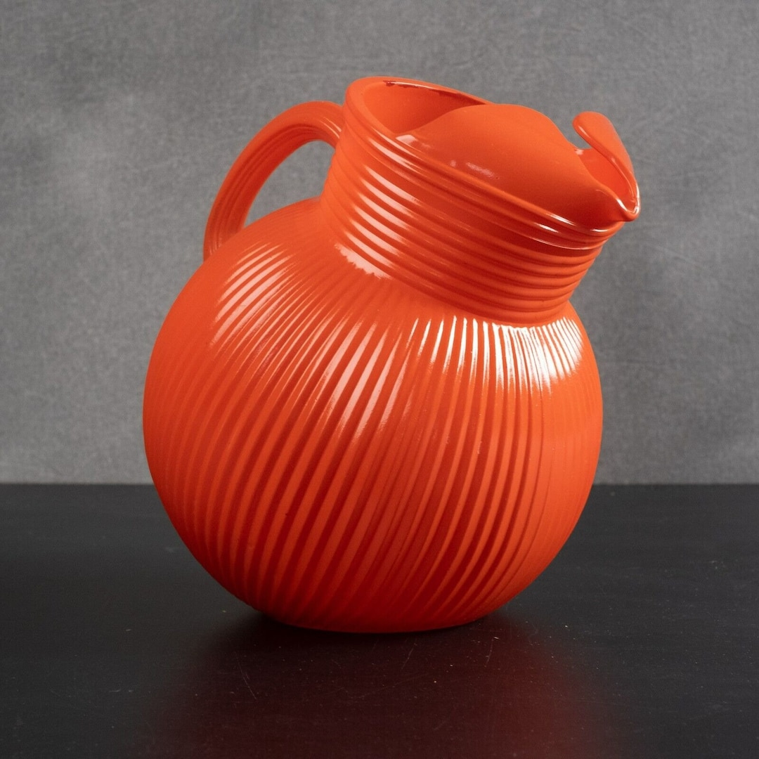 Vintage HAZEL ATLAS Ball Pitcher Tilted Fine Rib Fired-on Orange Ice ...
