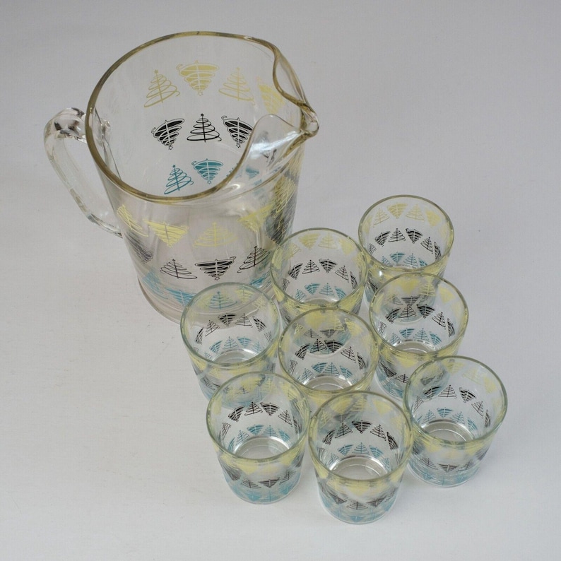 ATOMIC SPIRAL Clear Glass Pitcher & 8 Cups Vintage Mid Century Modern ...