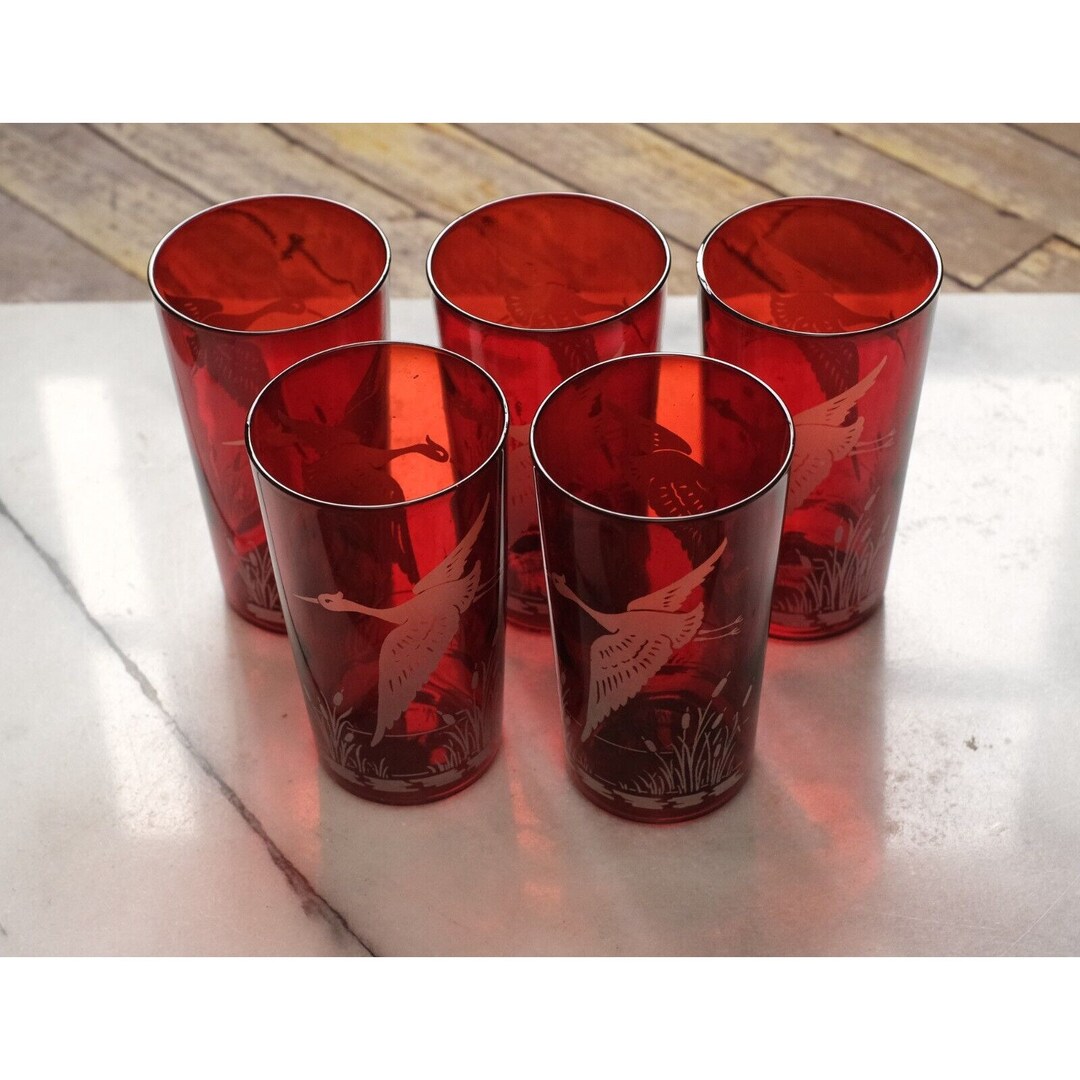 Vintage HAZEL ATLAS Ruby Red Sportsman Glass Tumbler Flying Bird ...