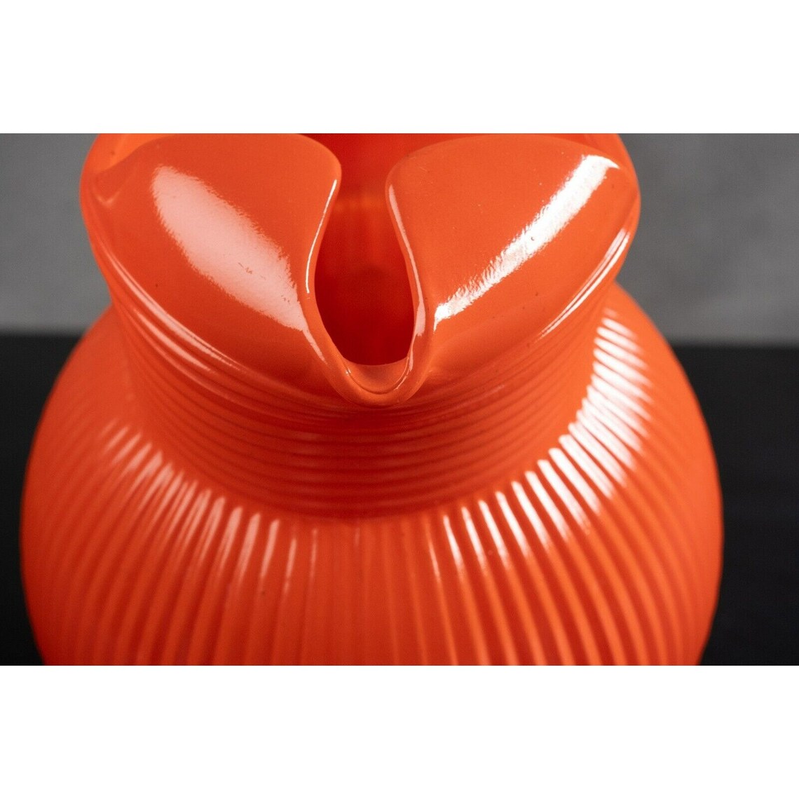 Vintage HAZEL ATLAS Ball Pitcher Tilted Fine Rib Fired-on Orange Ice ...