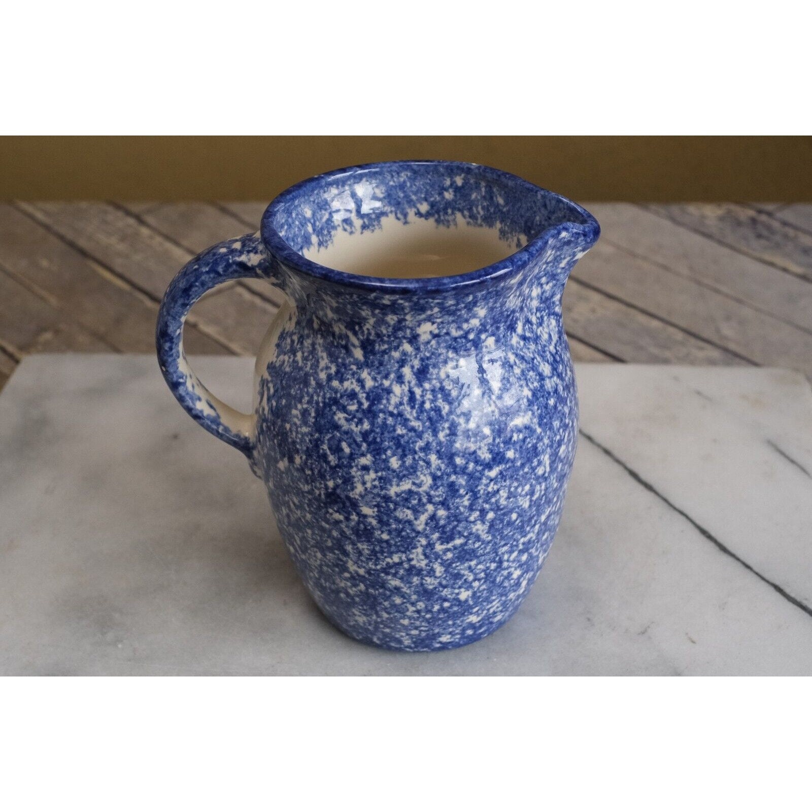 Vintage MOLLY DALLAS Pottery Pitcher Blue Spatterware Cow American Flag ...