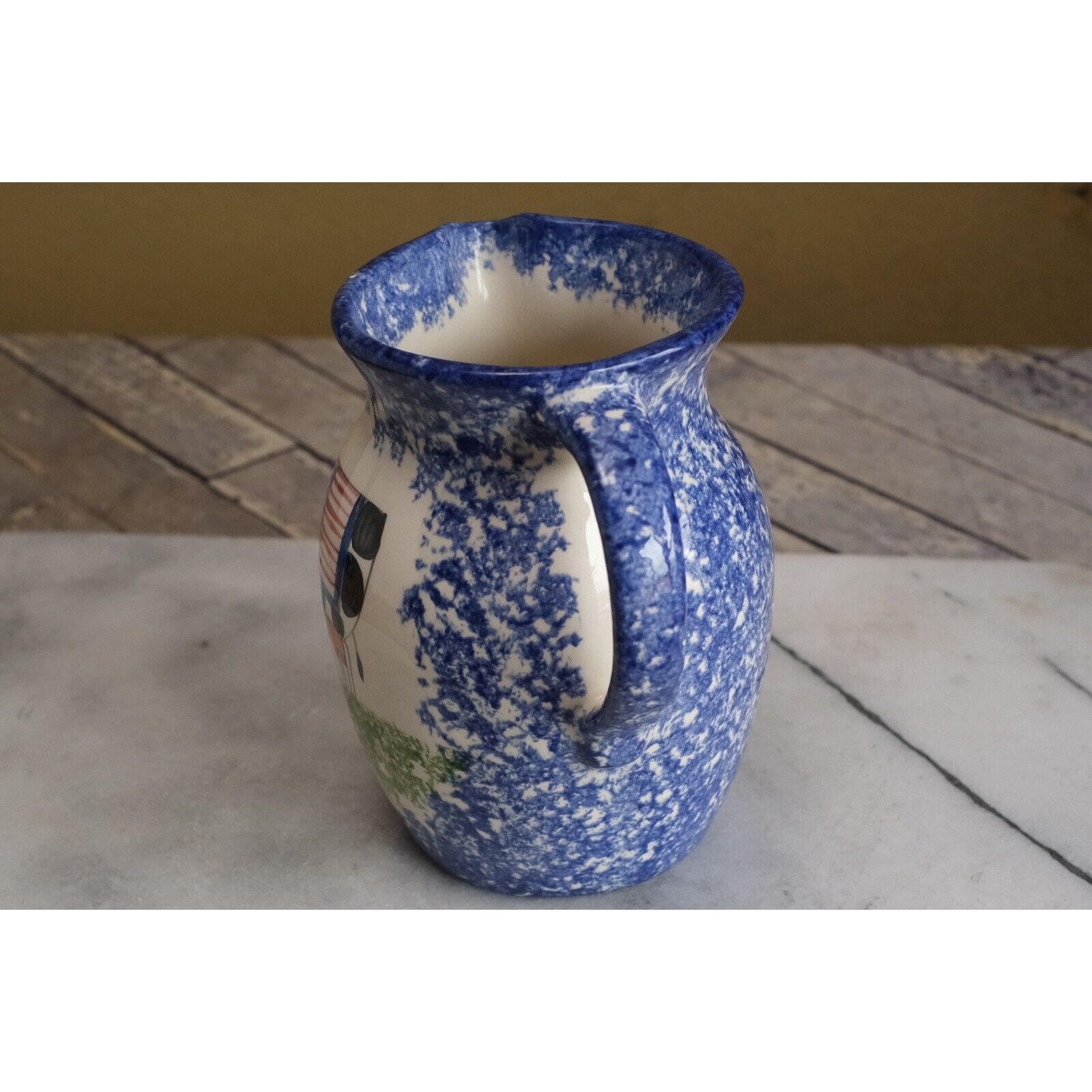 Vintage MOLLY DALLAS Pottery Pitcher Blue Spatterware Cow American Flag ...
