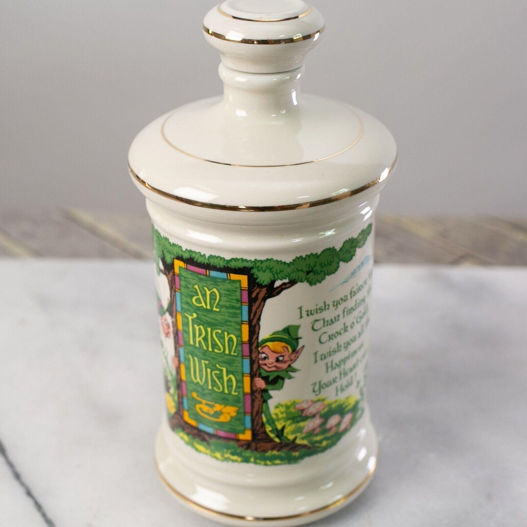 AN IRISH WISH Whiskey Decanter Porcelain Leprechaun Shamrocks Empty ...