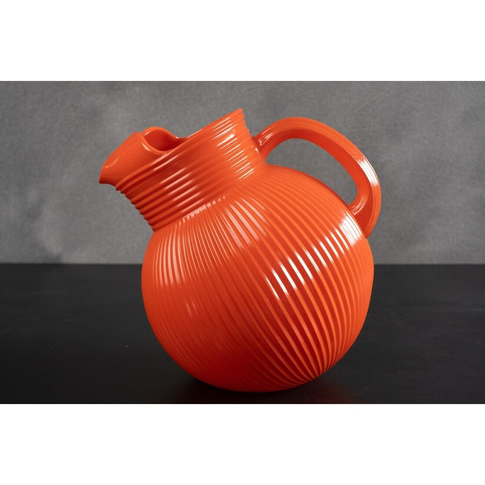 Vintage HAZEL ATLAS Ball Pitcher Tilted Fine Rib Fired-on Orange Ice ...