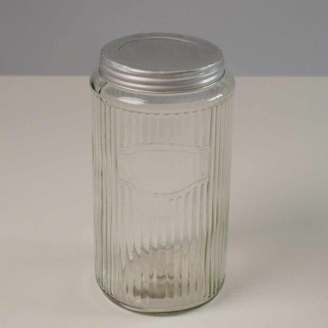 HOOSIER STYLE CABINET Clear Glass Jar Canister Ribbed With Lid 8" - Etsy