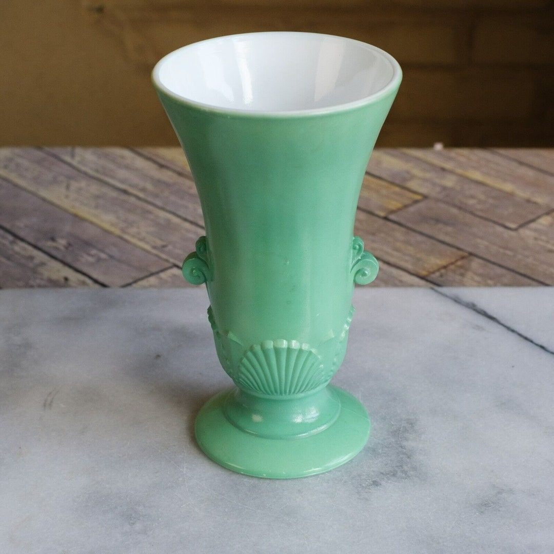 Vtg VITROCK Fire King Anchor Hocking Vase Tab Handles Art Deco 8” Fired ...