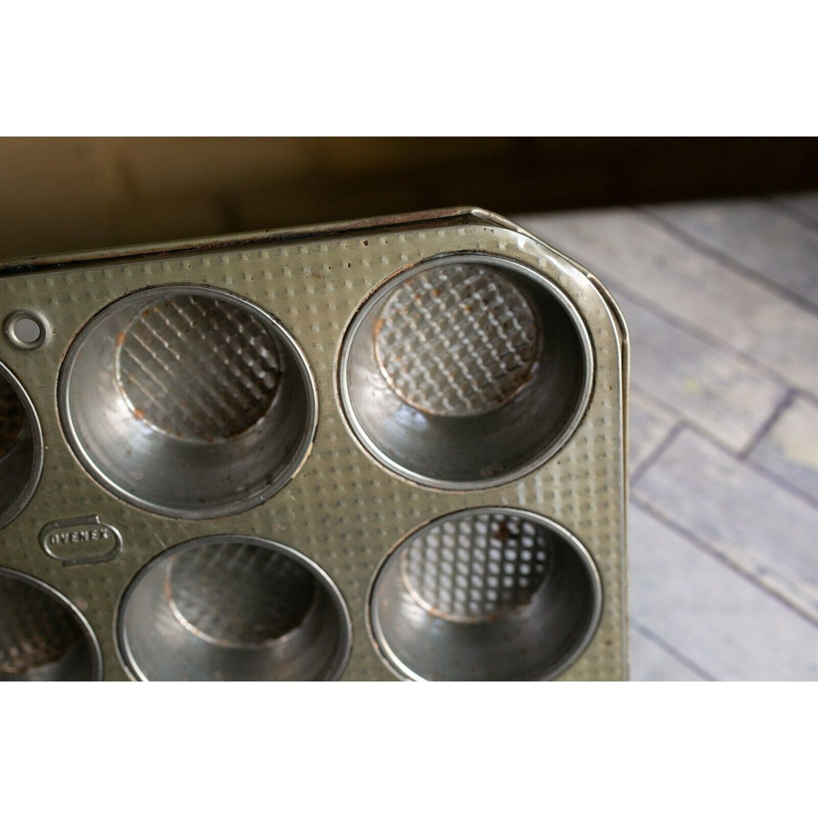 Vintage EKCO OVENEX X120 Tin Waffle Pattern 12 Muffin Cornbread Cupcake ...