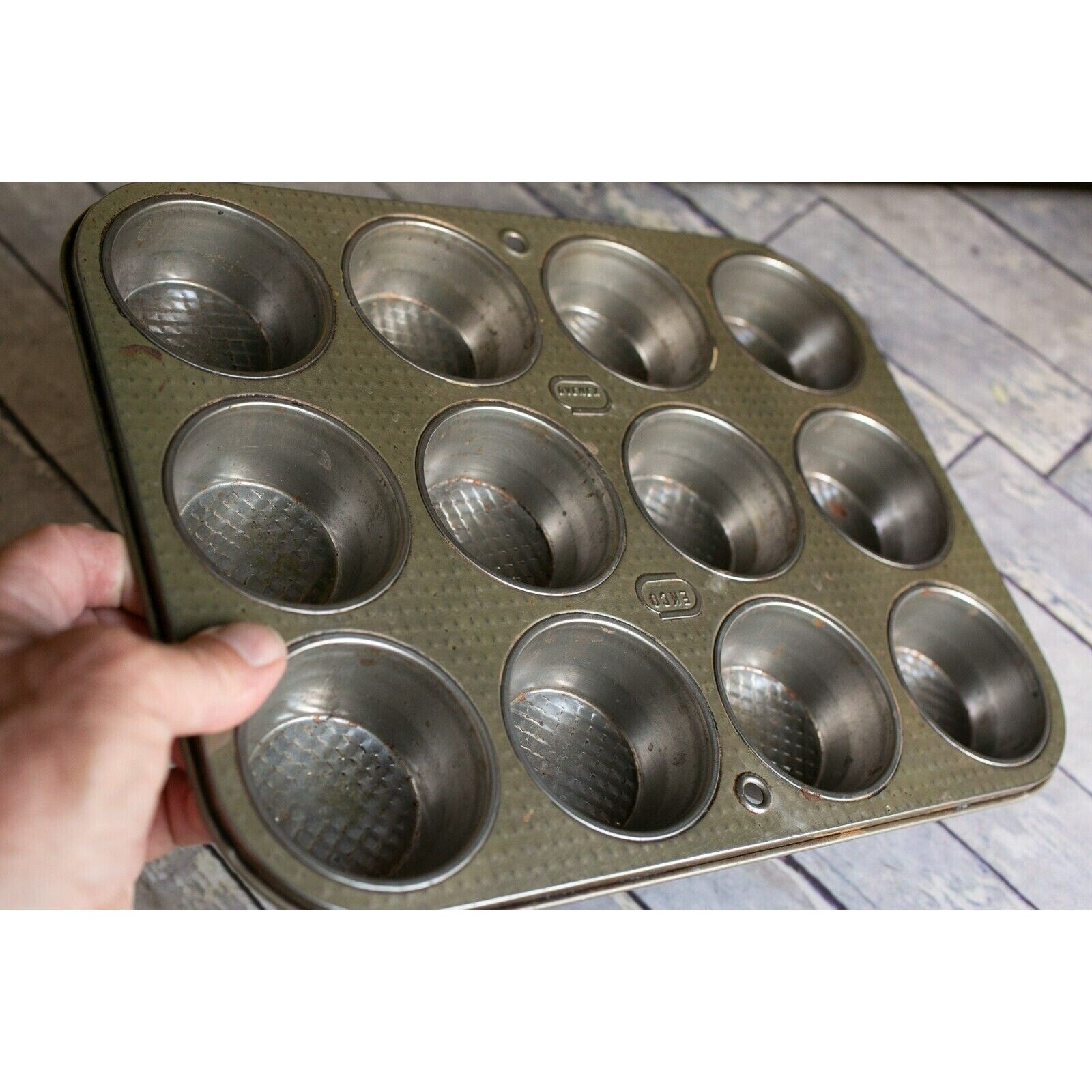 Vintage EKCO OVENEX X120 Tin Waffle Pattern 12 Muffin Cornbread Cupcake ...