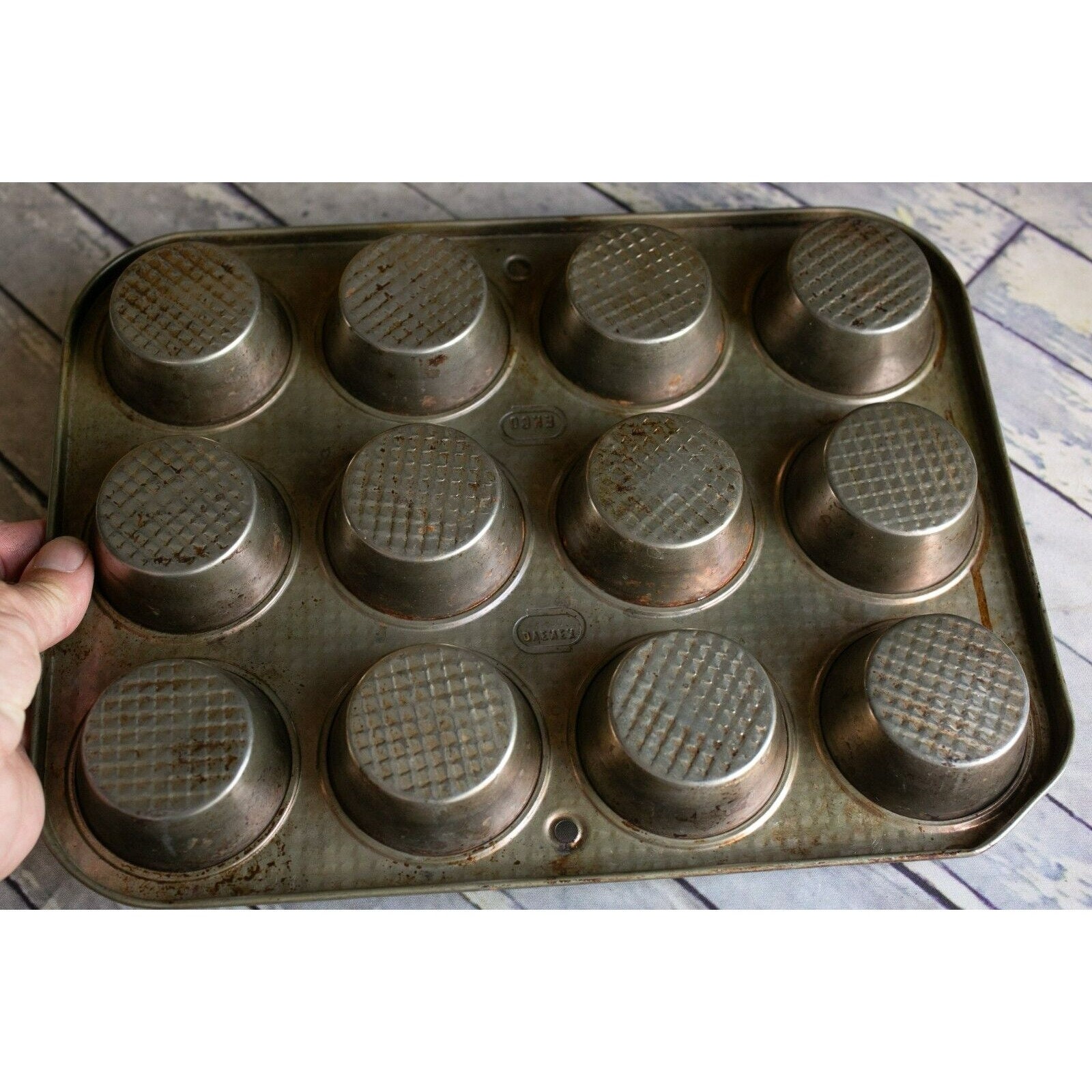 Vintage EKCO OVENEX X120 Tin Waffle Pattern 12 Muffin Cornbread Cupcake ...