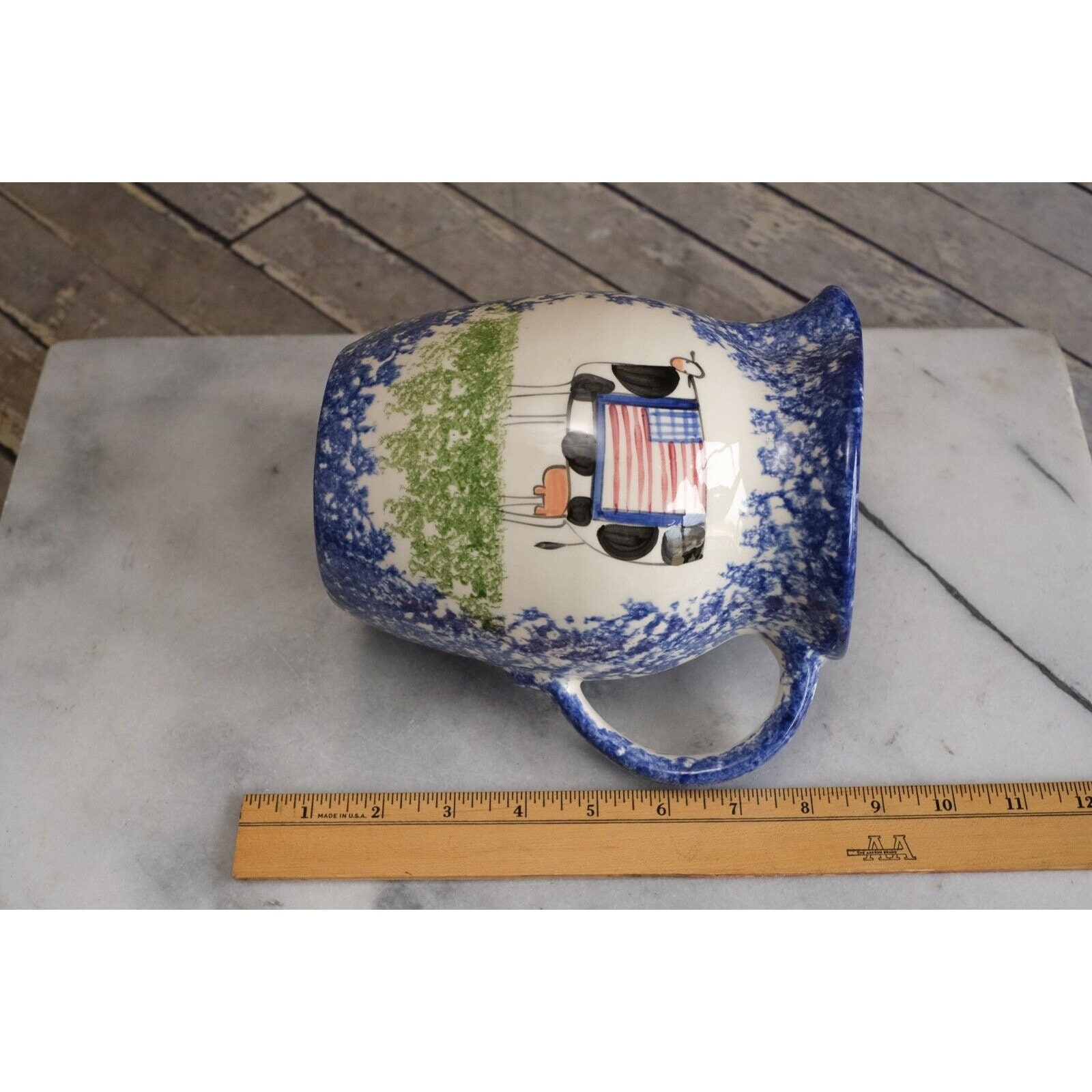 Vintage MOLLY DALLAS Pottery Pitcher Blue Spatterware Cow American Flag ...