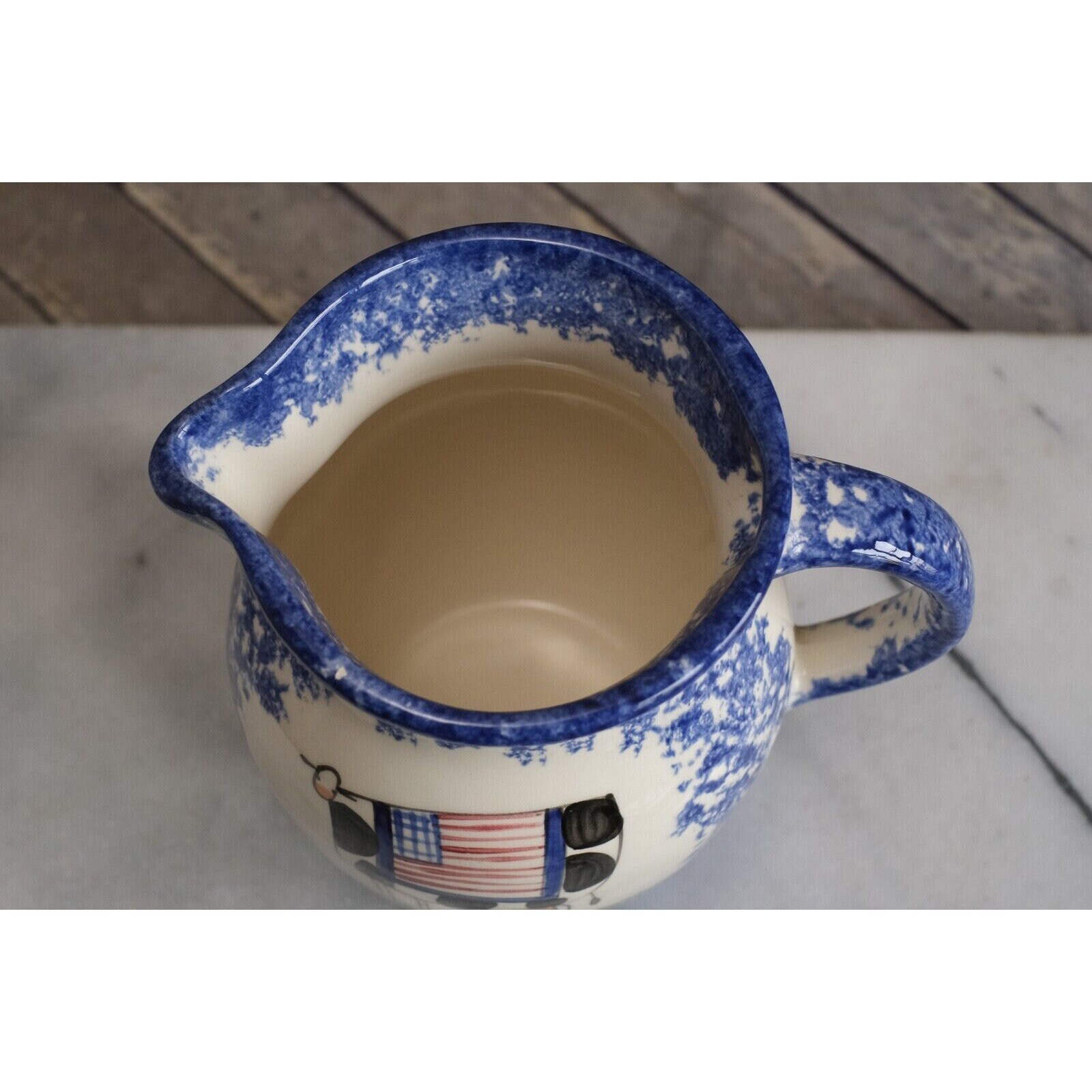 Vintage MOLLY DALLAS Pottery Pitcher Blue Spatterware Cow American Flag ...