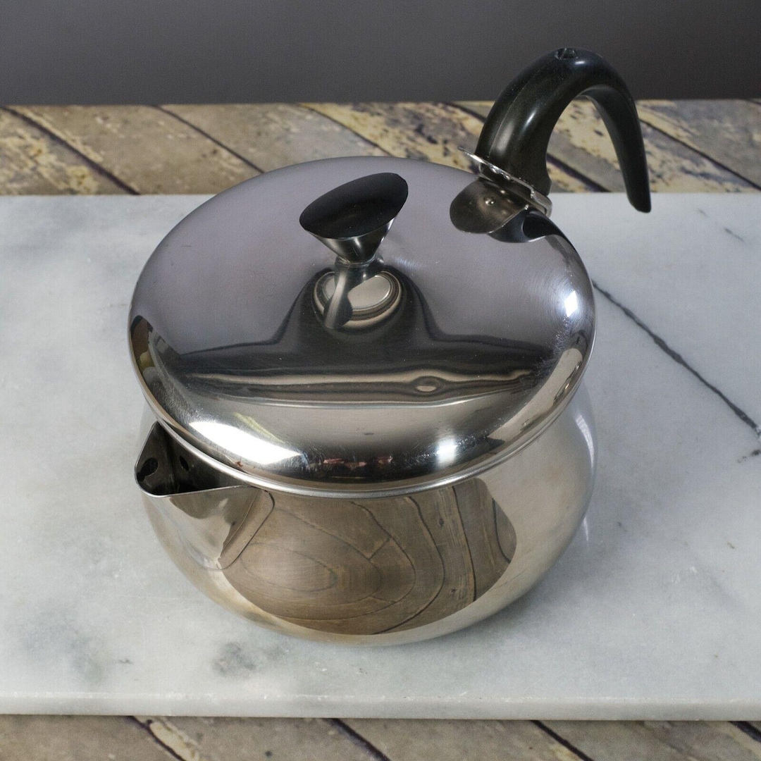 FARBERWARE Tea Kettle 2 Quart Stainless MCM Teapot #762 Korea Vintage ...