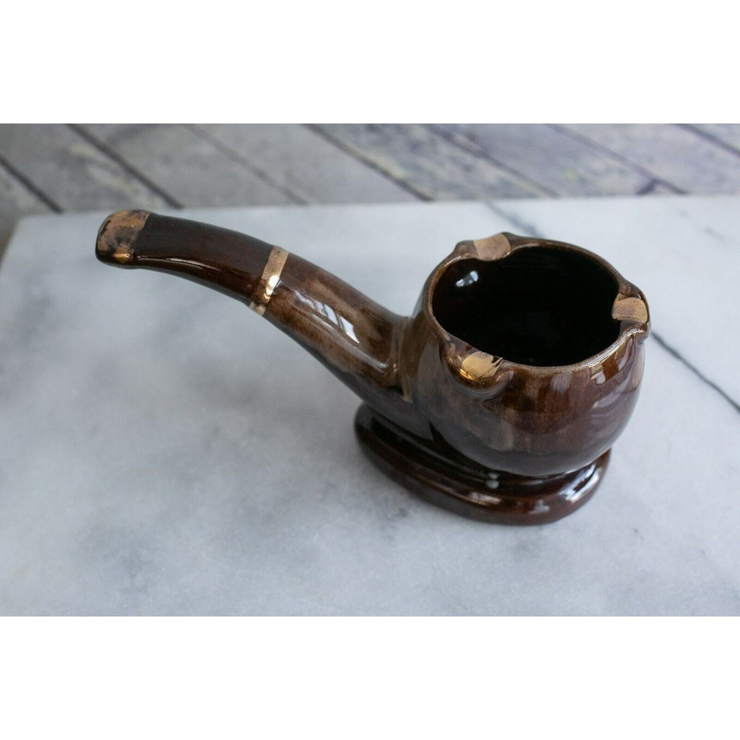 Vintage NAPCO POTTERY Pipe Shaped Ashtray Brown Glossy Gold Accents ...