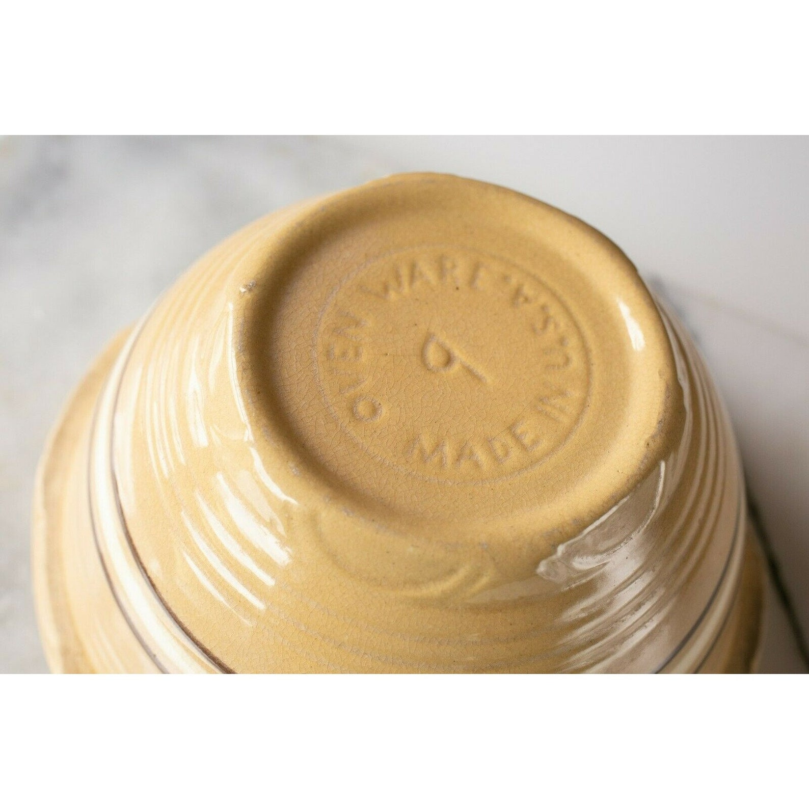 WATT POTTERY Yellow Ware Bowl Tan W/ Brown White Stripes Scallop Design ...