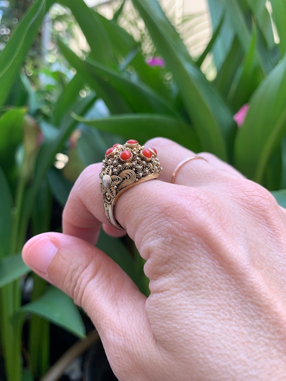 Antique Chinese Scarlet Red Coral Dome Ring Silver Pa… - Gem
