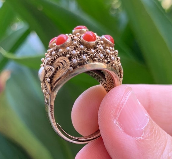 Antique Chinese Scarlet Red Coral Dome Ring Silver Pa… - Gem