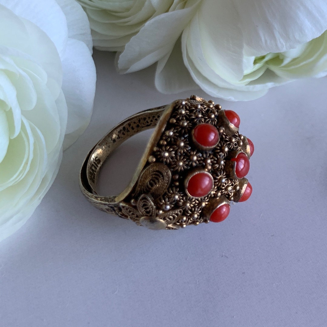 Antique Chinese Scarlet Red Coral Dome Ring Silver Painted With Gold by ...