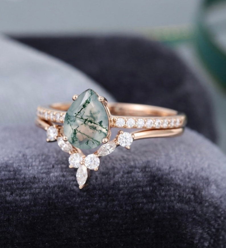 Pear Cut Moss Agate Engagement Ring Set Vintage Rose Gold Unique Engagement Ring Women Curved ...