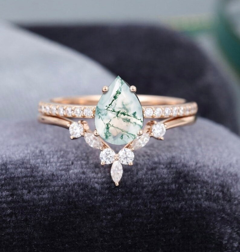 Pear Cut Moss Agate Engagement Ring Set Vintage Rose Gold Unique Engagement Ring Women Curved ...