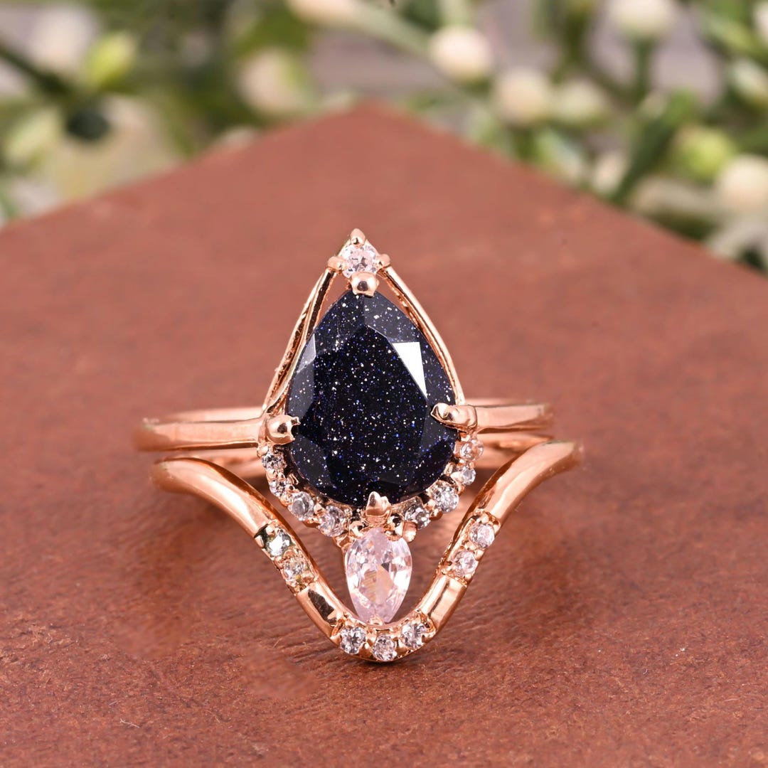 Pear Cut Blue Sandstone Ring Set Rose Gold Flower Engagement Ring Space ...