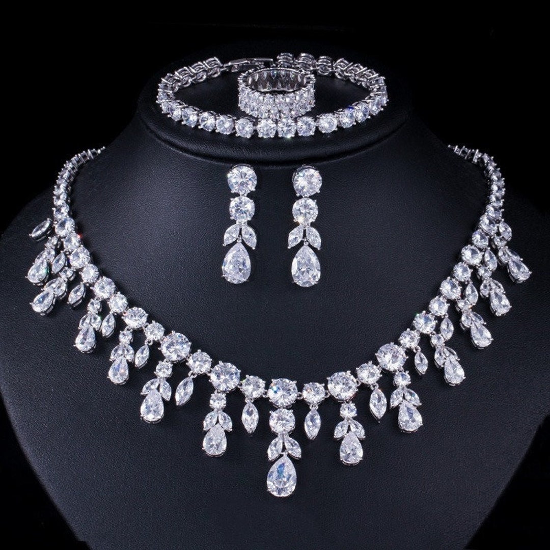 Wedding Silver Necklace Set, Cz Jewelry Set, Bridal Necklace Earring ...