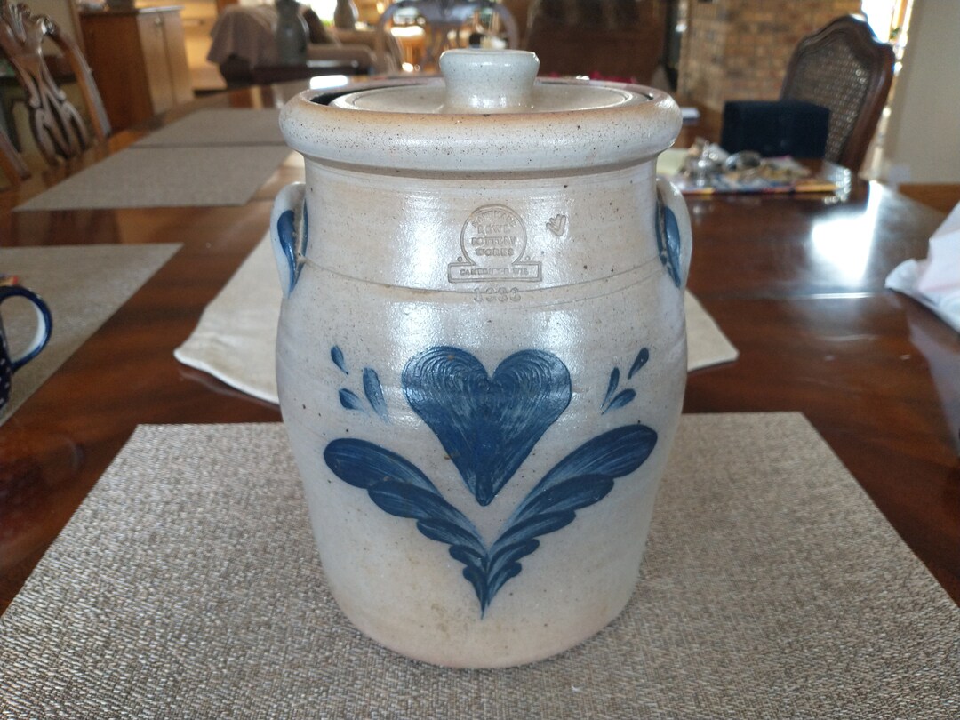 Vintage Rowe Pottery Stoneware Salt Glaze Jar Blue Heart Motif With ...