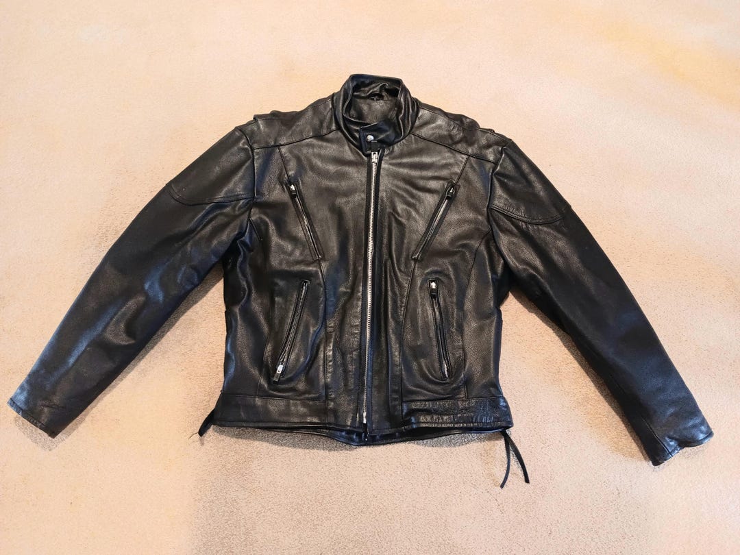 Vintage Interstate Men's Black Leather Motorcycle Jacket Size L Vented ...