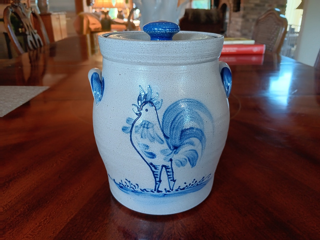 Vintage Rowe Pottery Stoneware Salt Glaze Jar Rooster Motif With Ears ...
