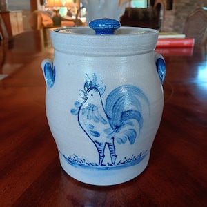 Vintage Rowe Pottery Stoneware Salt Glaze Jar Rooster Motif With Ears ...