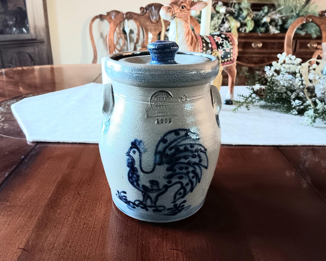 Vintage Rowe Pottery Stoneware Salt Glaze Jar Rooster Motif With Ears ...
