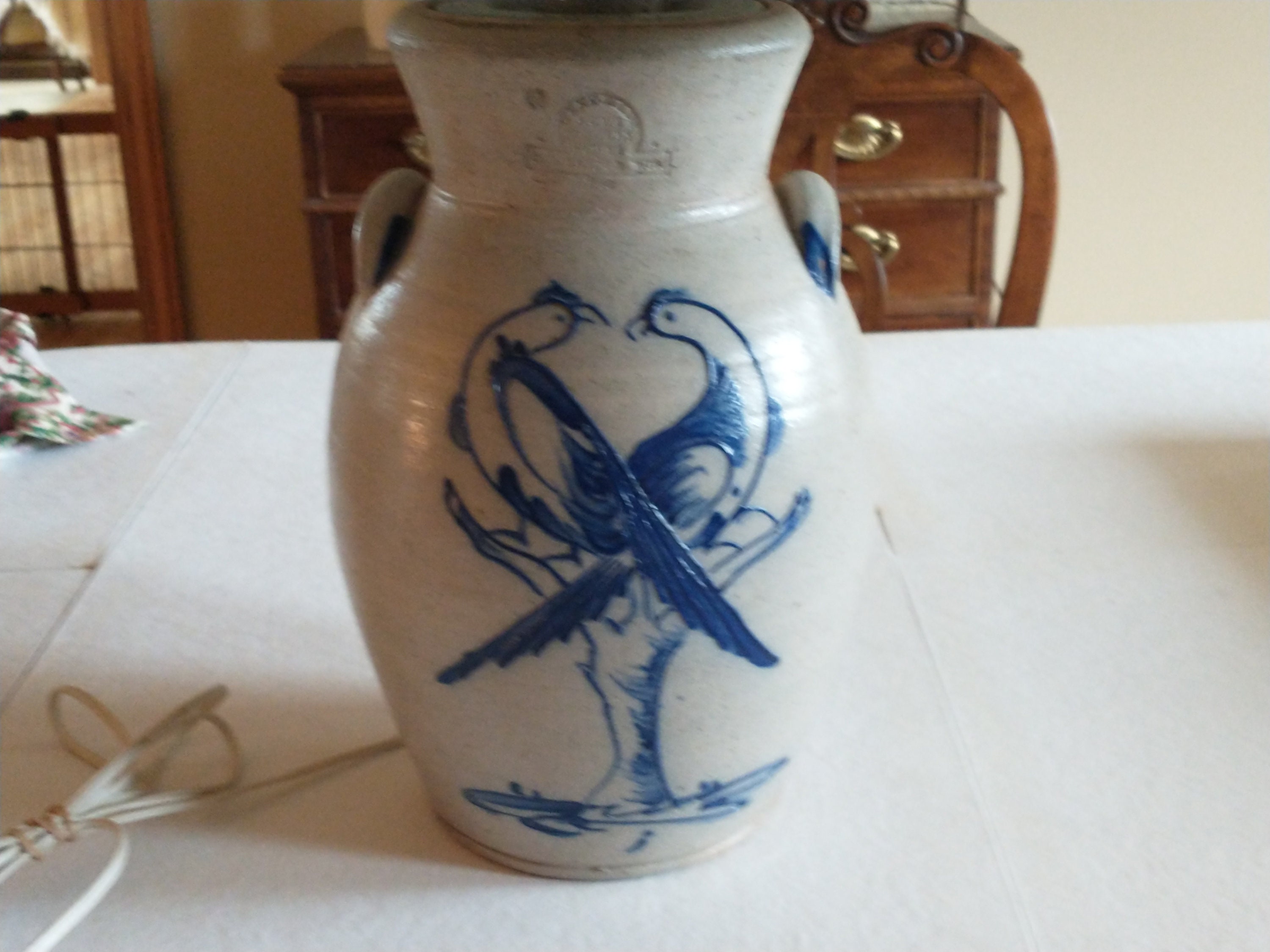 Vintage Large Rowe Pottery Stoneware Salt Glaze Lamp Two Doves Table ...
