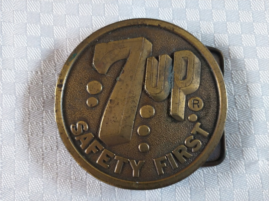 Vintage 7UP Safety First Round Belt Buckle 1976 Brass - Etsy